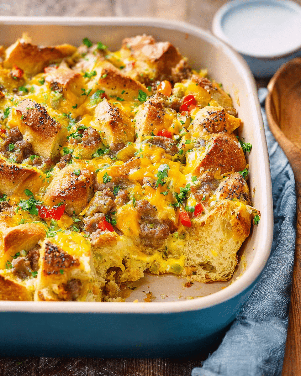 Savory Morning Bagel Bake with Sausage and Cheddar
