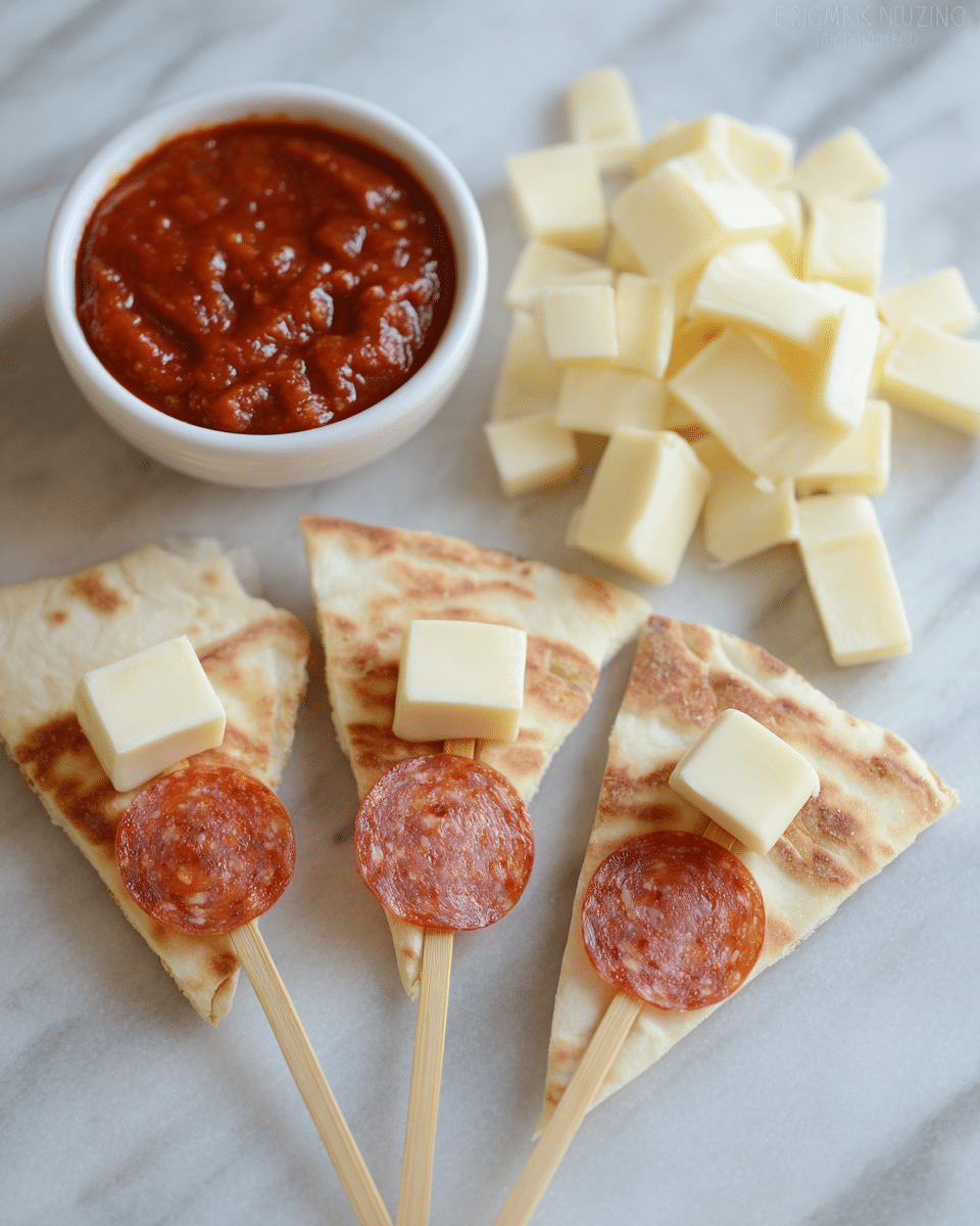 Skewered Pizza Dippers with Greek Flatbread Wedges
