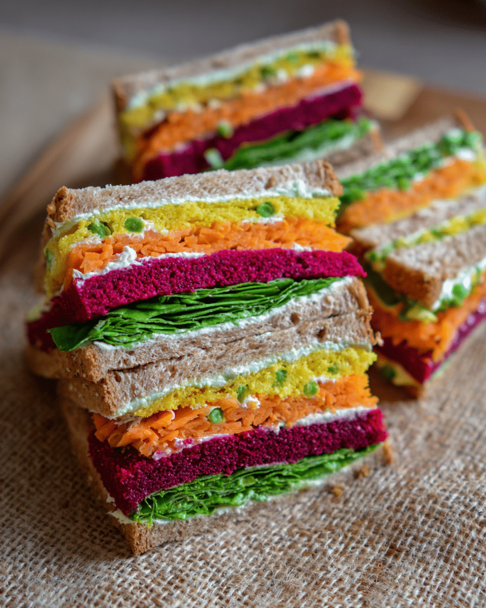 Colorful Veggie Rainbow Sandwich with Creamy Cheese Spread