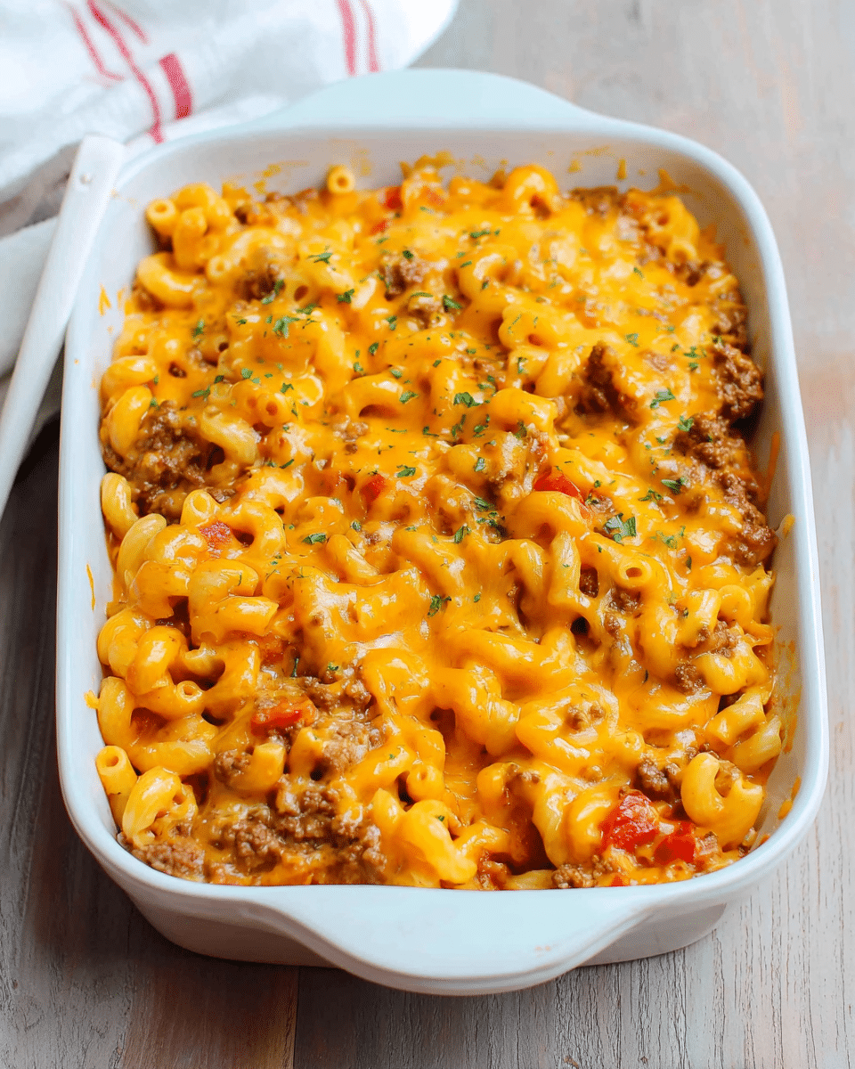 Classic Cheeseburger Mac Bake with Creamy Cheddar Topping