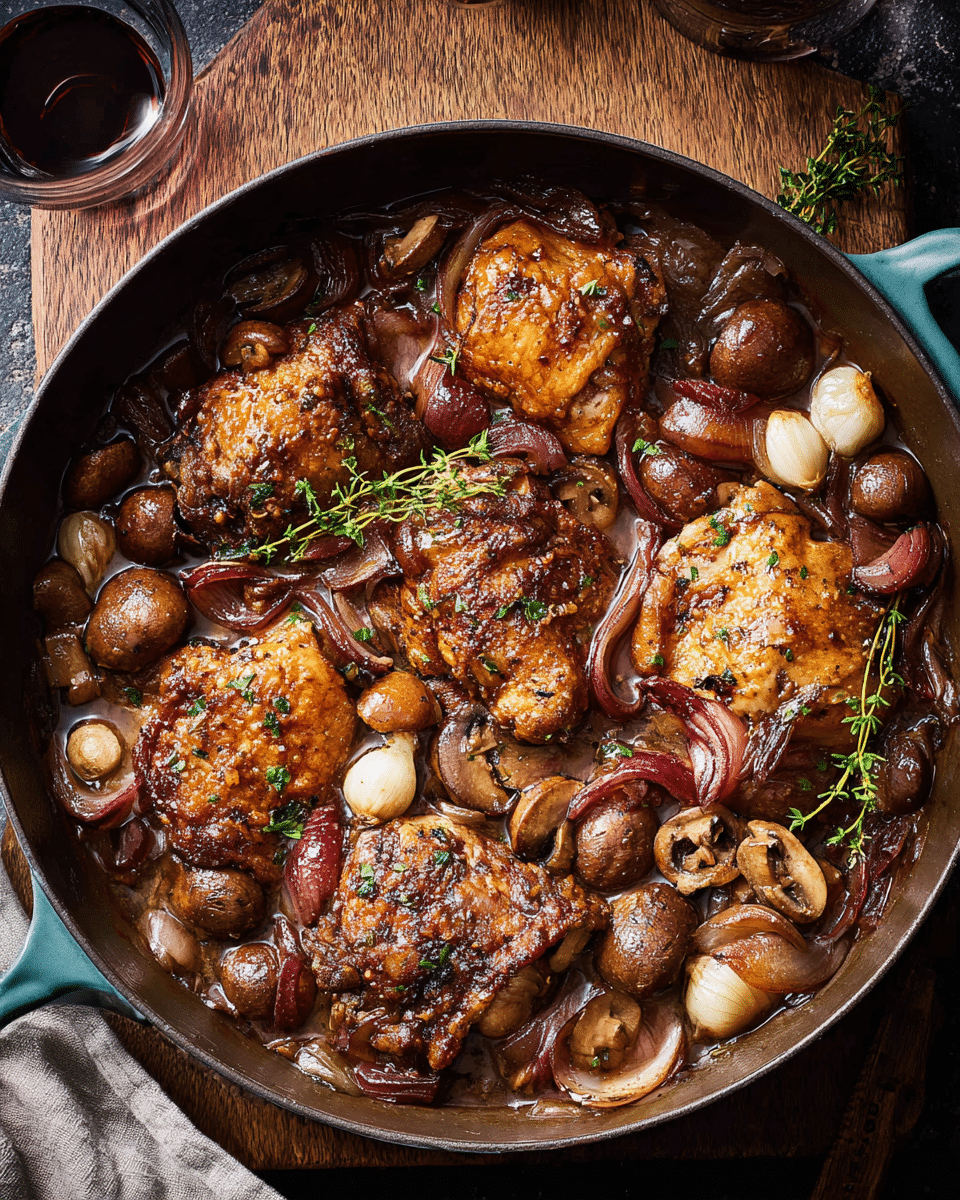 Rustic French Chicken Braised in Red Wine and Bacon
